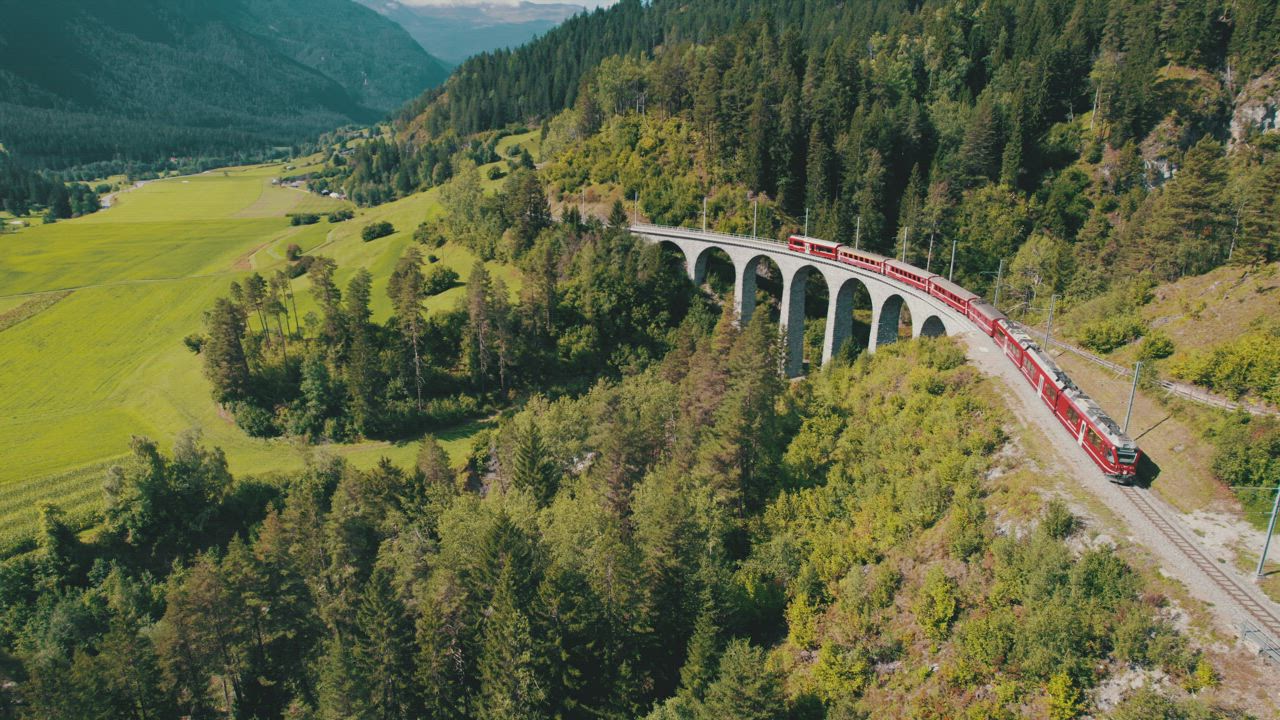 Aerial view of a red train - Free Stock Video