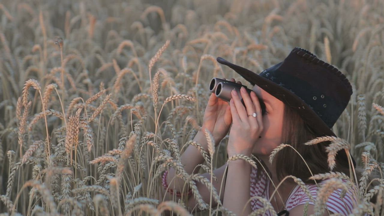 Girl observing through binoculars in wheat field - Free Stock Video