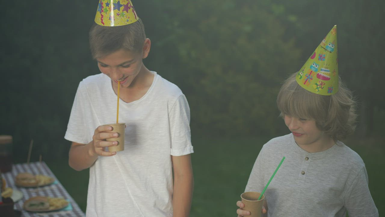Two brothers having fun at a birthday party - Free Stock Video