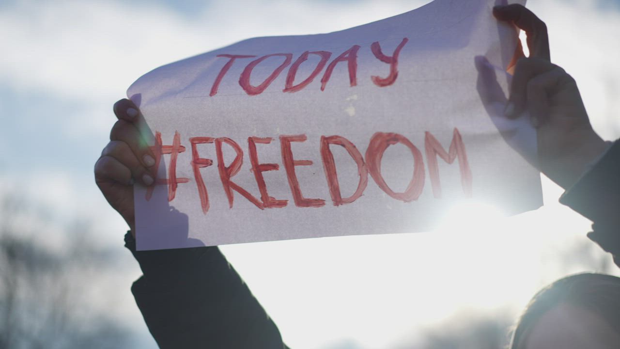 Woman holding up a freedom today sign during a protest - Free Stock Video