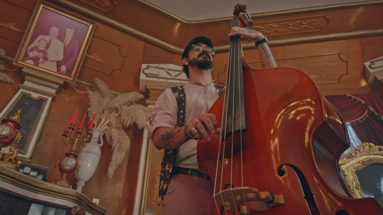 Expert bassist playing in a fancy old venue - Free Stock Video