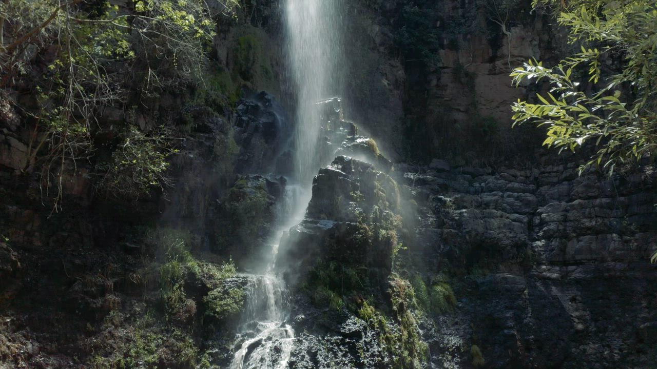 A lush waterfall illuminated by the sun falls on a mossy rock in the ...