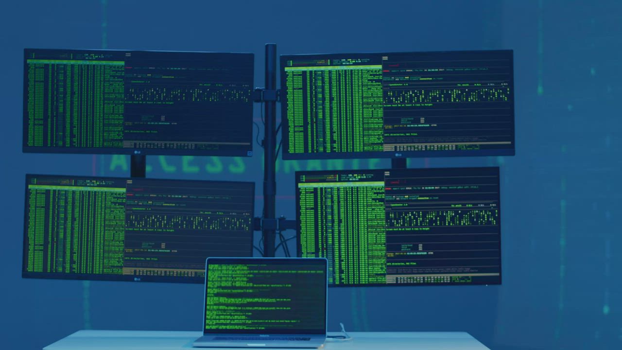 Wide shot of laptop and four screens with green text - Free Stock Video
