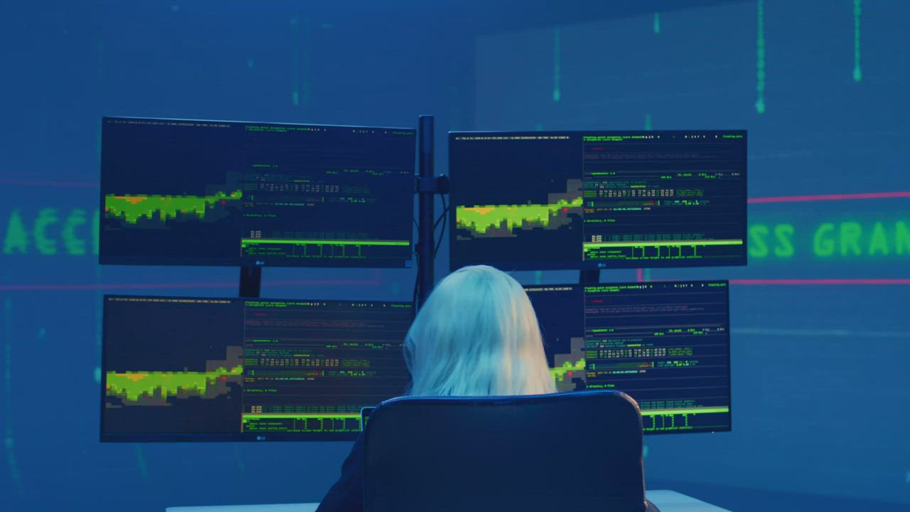 Person with long white hair sits in a chair working on a computer with ...
