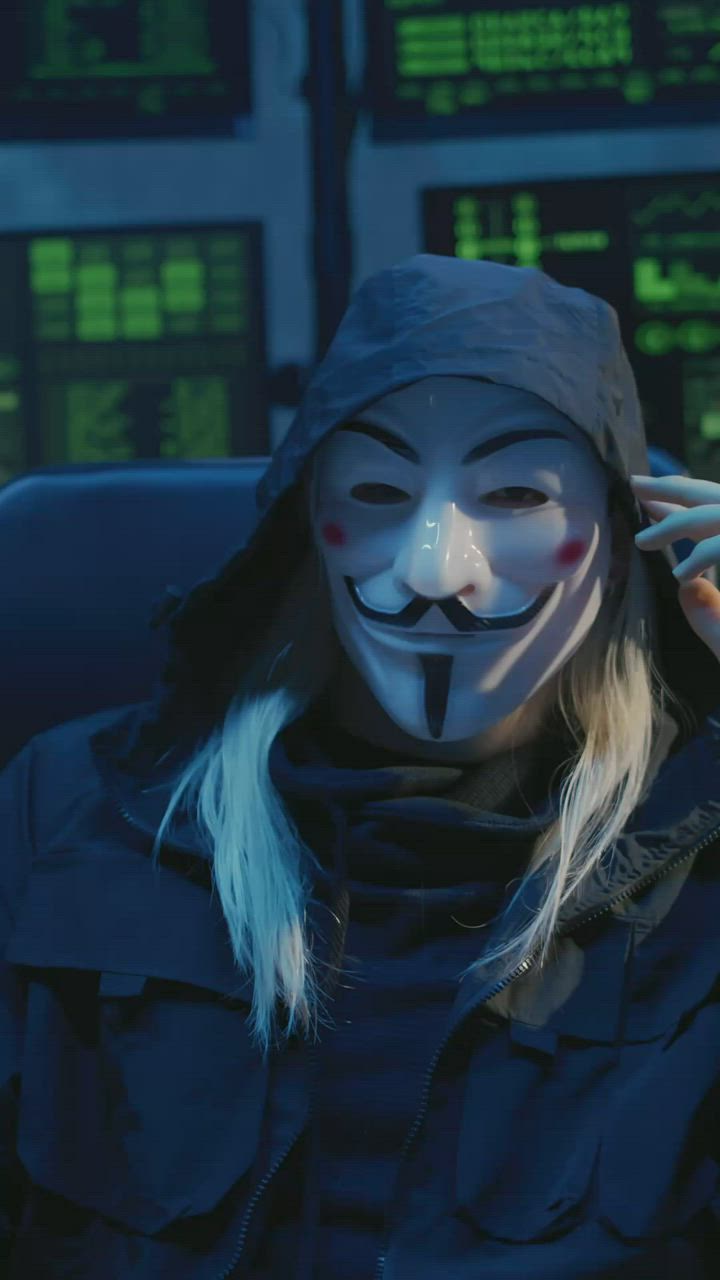 Hacker in a scary mask sitting in front of computer screens - Free ...