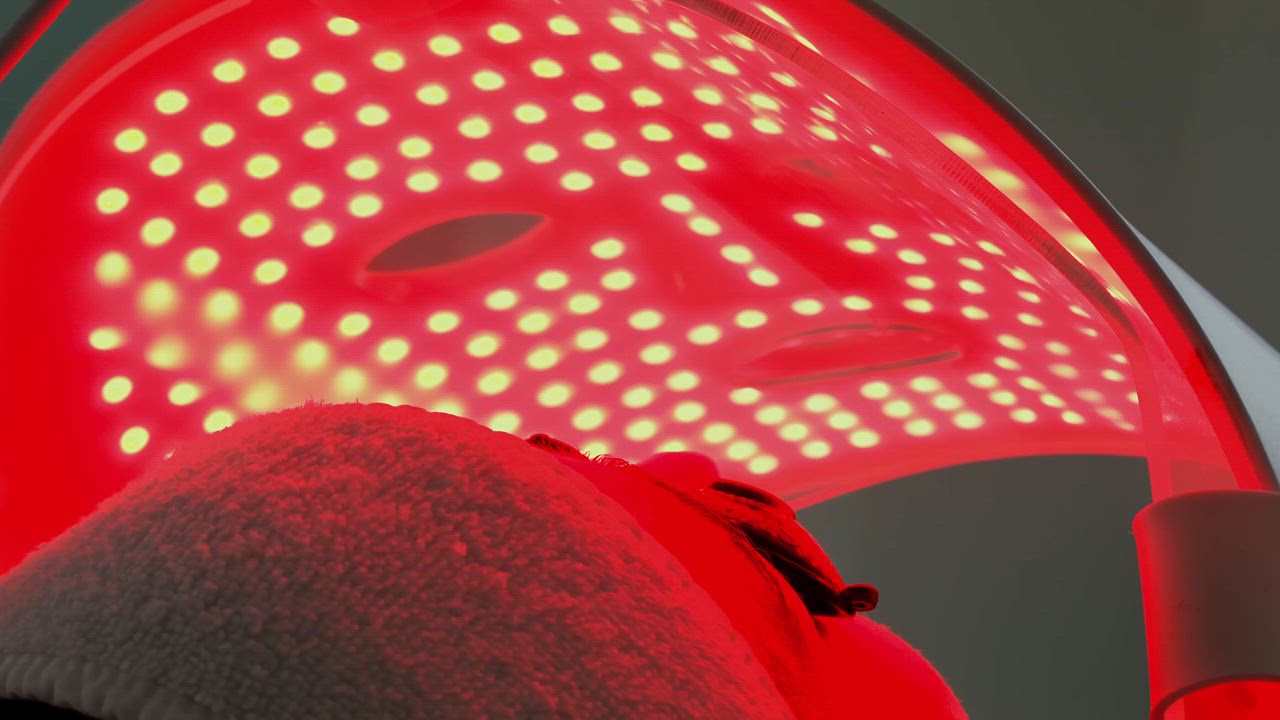 A young woman receives a face treatment under the red LED light therapy ...