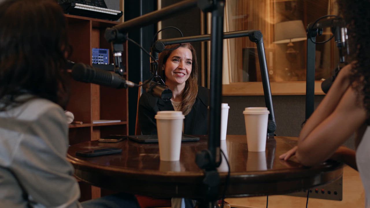 Three young girls chatting on a podcast. - Free Stock Video