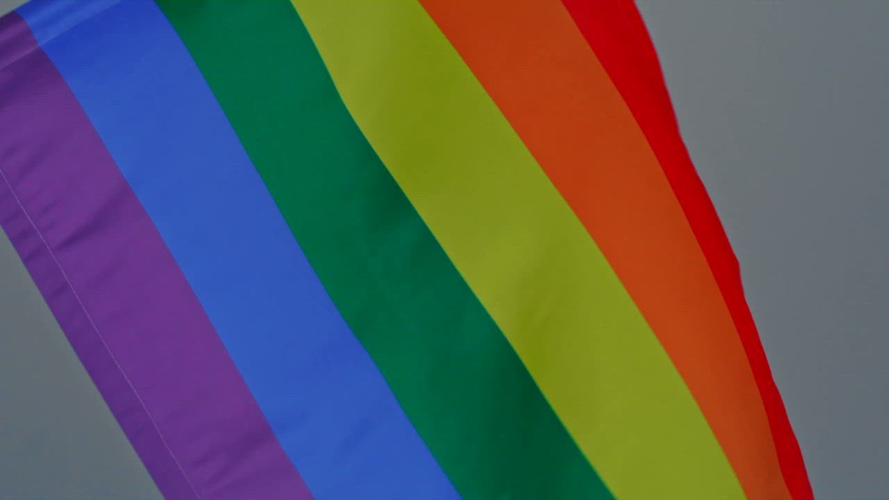 A pride and diversity rainbow flag waving slowly against a gray ...