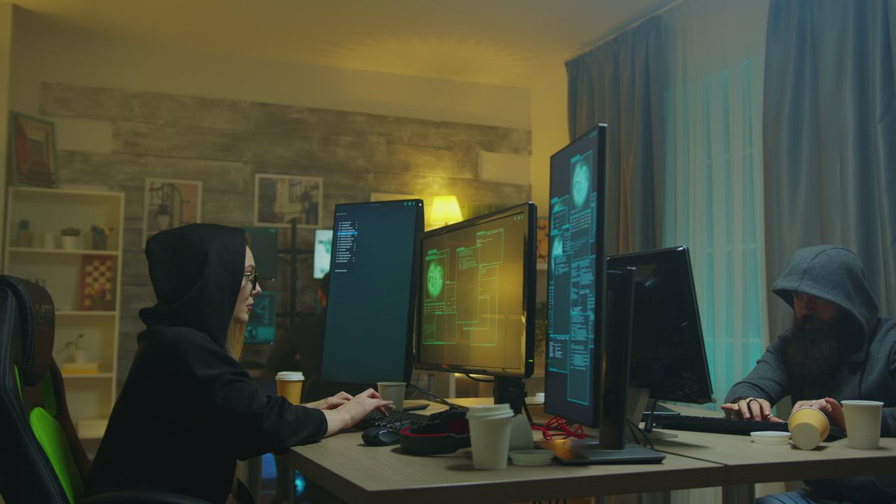 A group of hackers celebrate breaking in - Free Stock Video