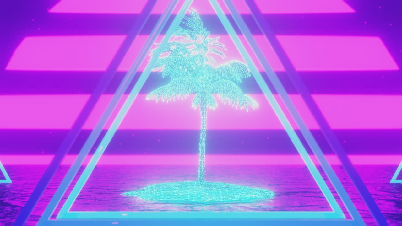 Retro 80's VHS style triangles spin over neon palm tree - Free Stock Video