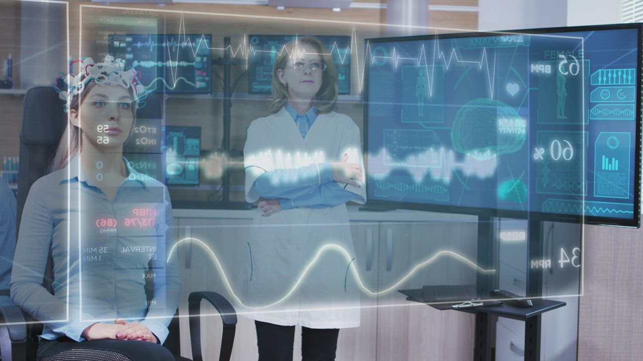 Scientist looks at DNA info on holographic screens - Free Stock Video