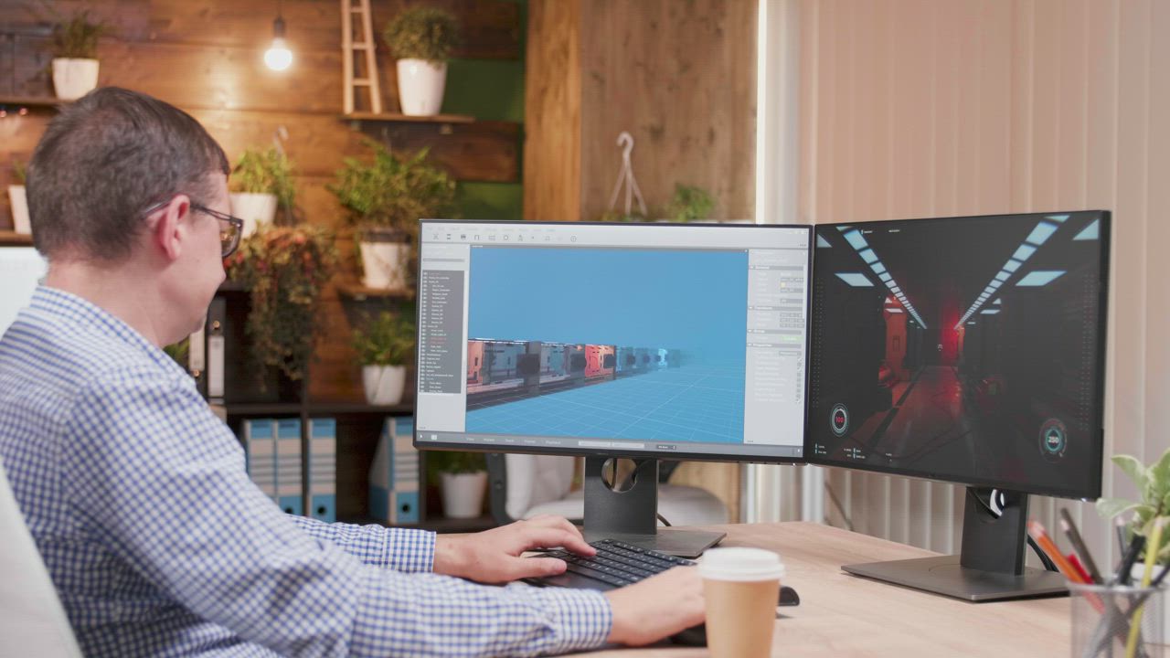 Gaming designer works in 3d computer software - Free Stock Video