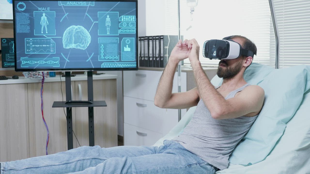 Patient in futuristic hospital uses VR to look at brain - Free Stock Video