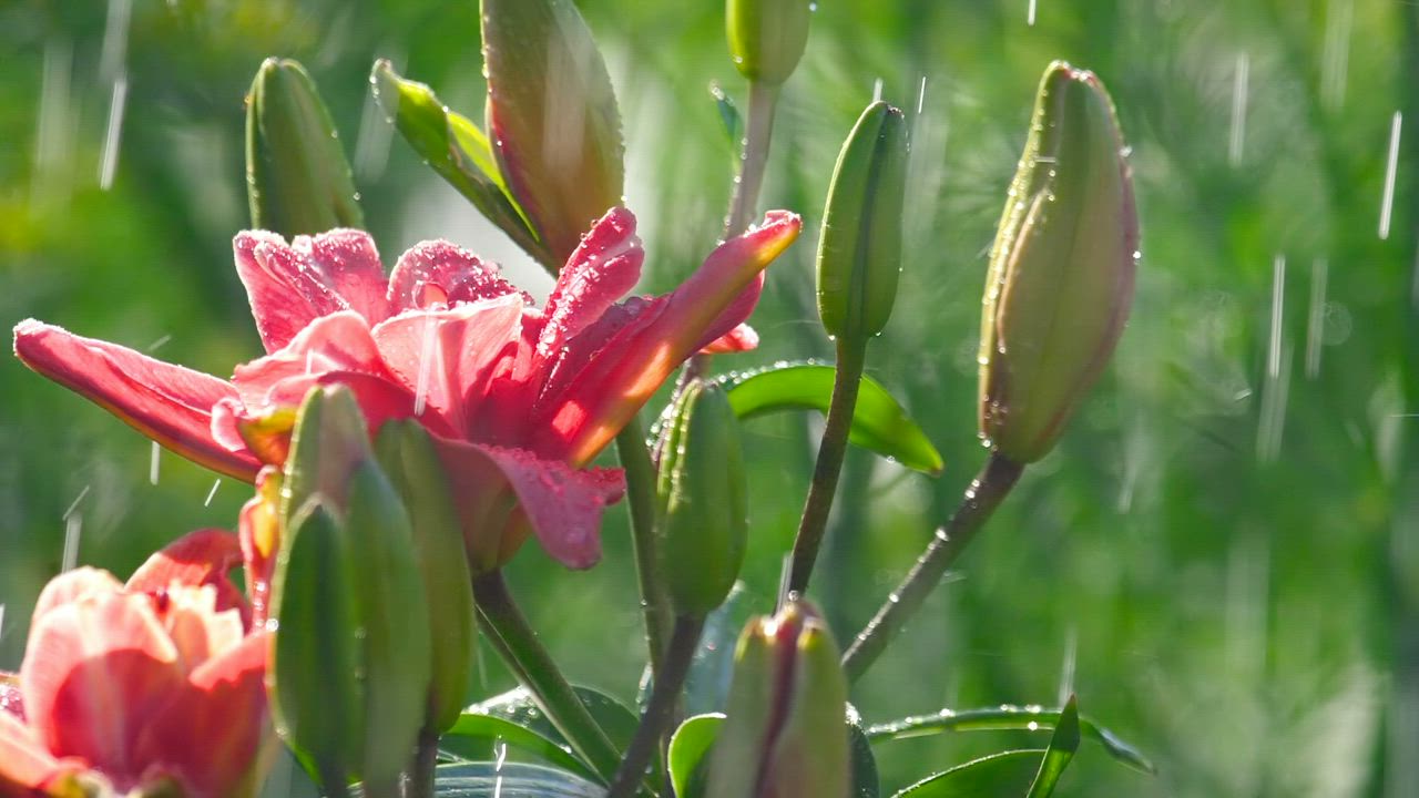 Beautiful pink flower under the rain closeup - Free Stock Video