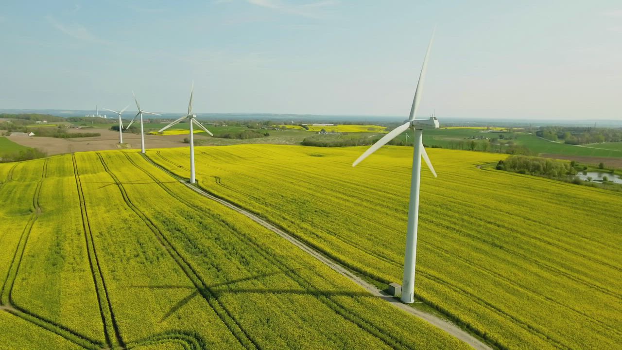 Long line of wind turbines - Free Stock Video